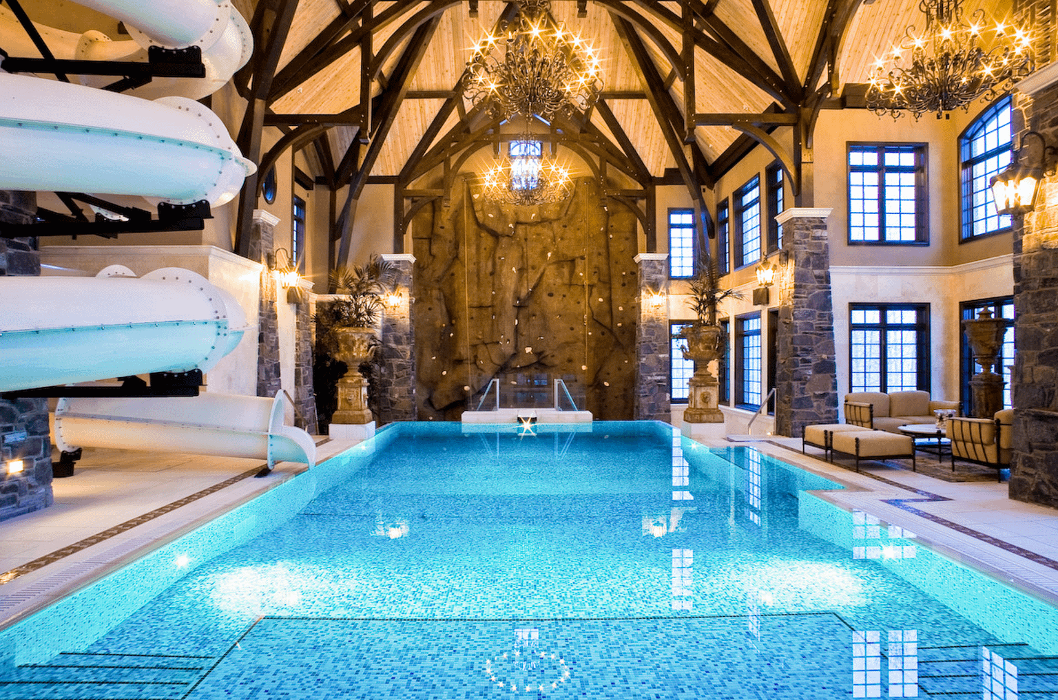 Amazing 3-Story Indoor Swimming Pool With Water Slide & Rock Climbing ...